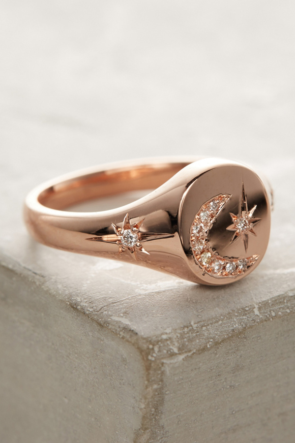 Moon & Stars Diamond Signet Ring | Anthropologie